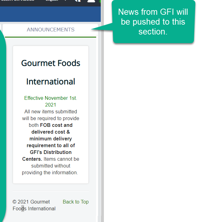 MANTIS 2020 Vendor User Dashboard – Gourmet Foods International